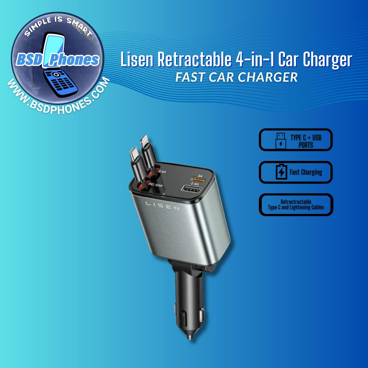 Lisen Retractable 4-in-1 Car Charger